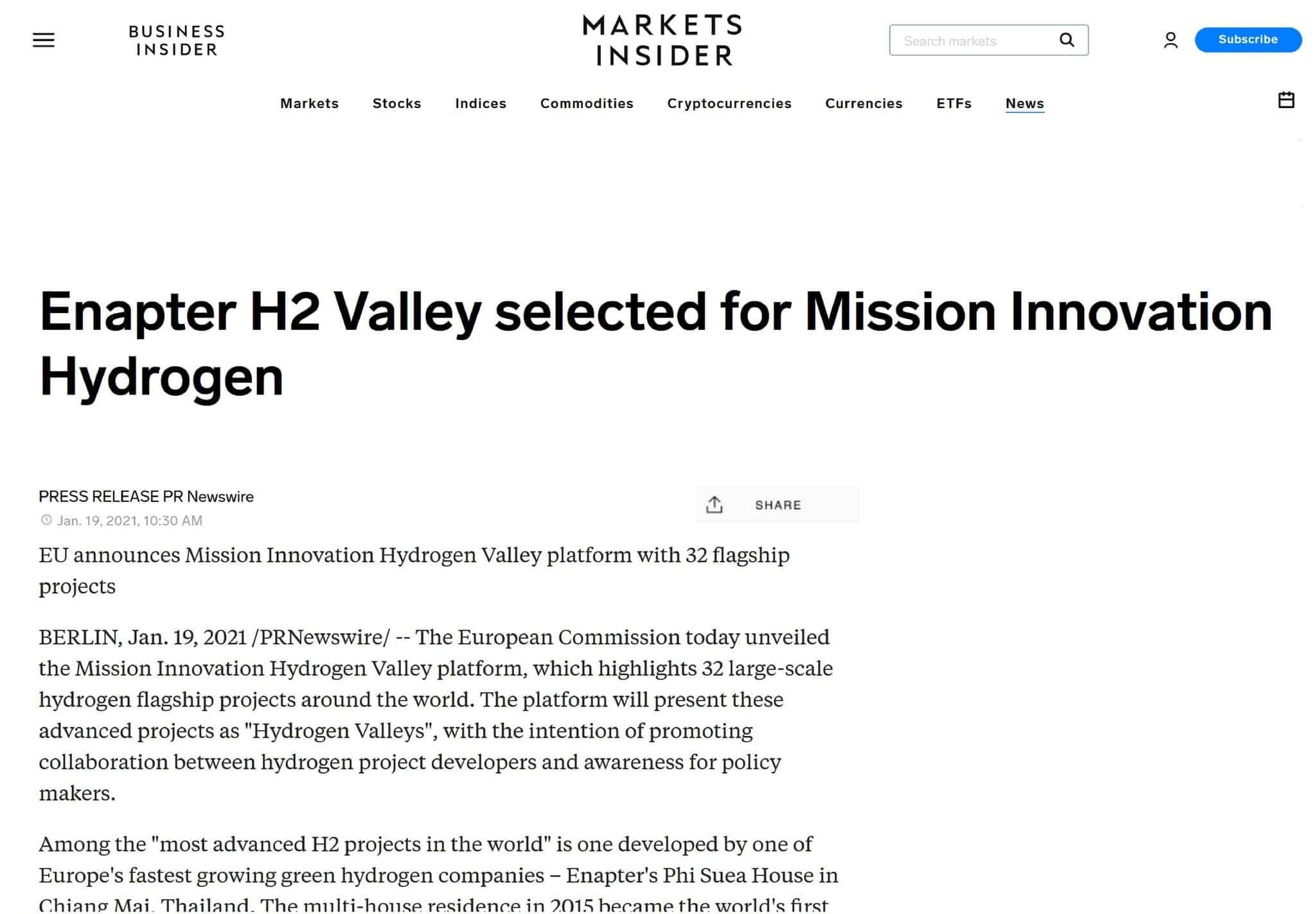 BUSINESS INSIDER - Enapter H2 Valley Selected for Mission Innovation ...